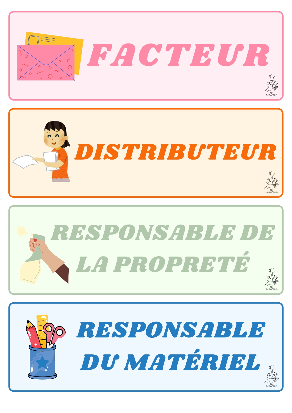 Etiquettes des responsabilités Classes CM1-CM2